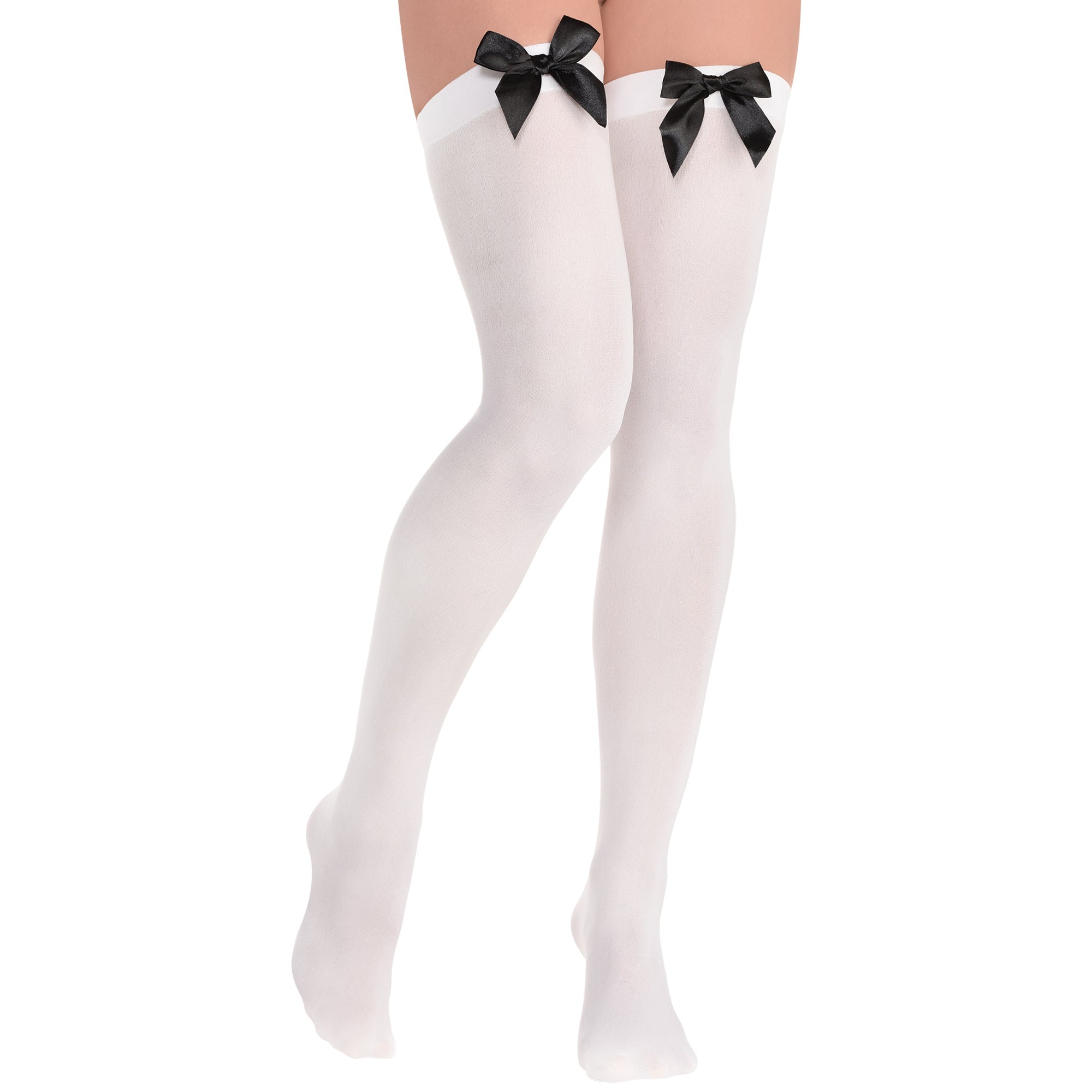 White Thigh Highs With Black Satin Bow For Adults Party Expert