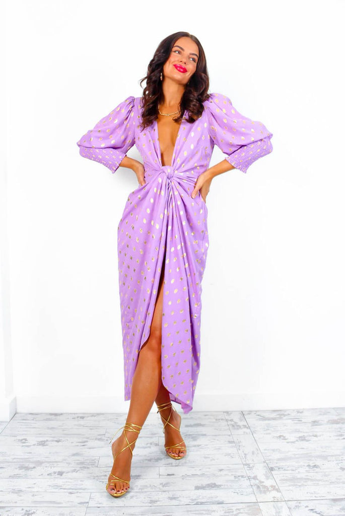 Drive Em Wild Lilac Gold Foil Spot Midi Wrap Dress Dlsb