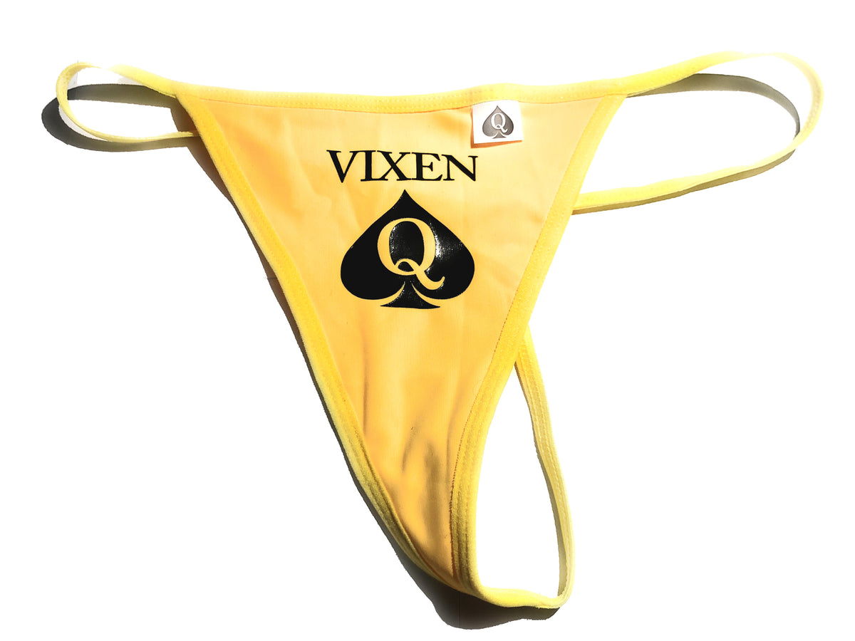 Qos Brand Yellow Vixen Queen Of Spades Logo Brazilian G String