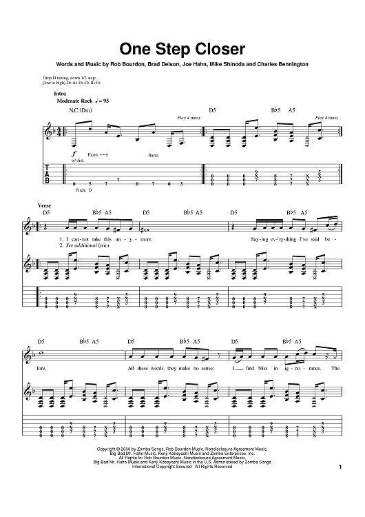 One Step Closer Sheet Music By Linkin Park For Guitar Tab Sheet