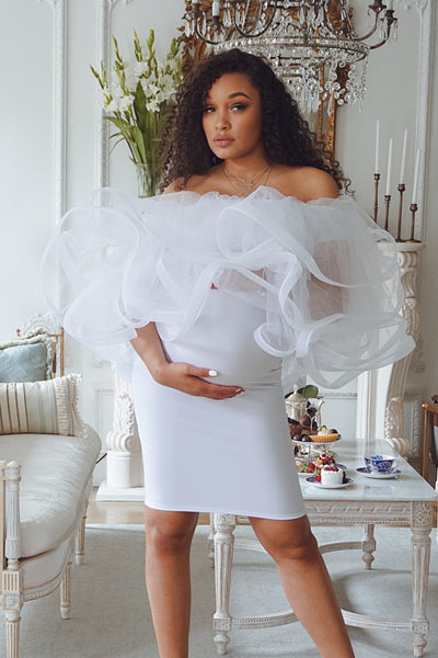 White Tulle Off The Shoulder Maternity Mini Dress Gender Reveal Outfit