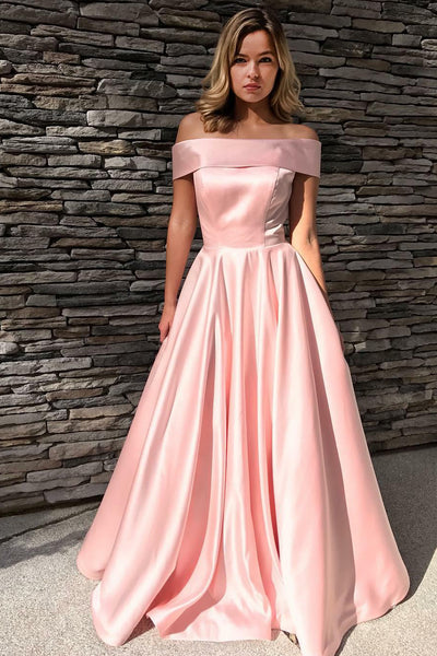 Fold Off The Shoulder A Line Pink Satin Formal Prom Gown Loveangeldress