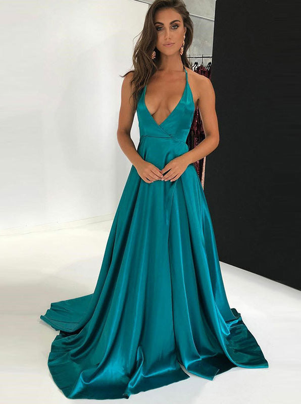 Turquoise Prom Dresshalter Prom Dress With Trainbackless Evening Dre