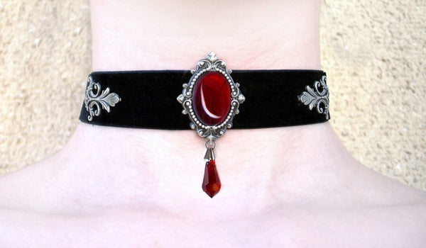 Black Velvet Choker With Red Crystal Aranwens Gothic Jewelry