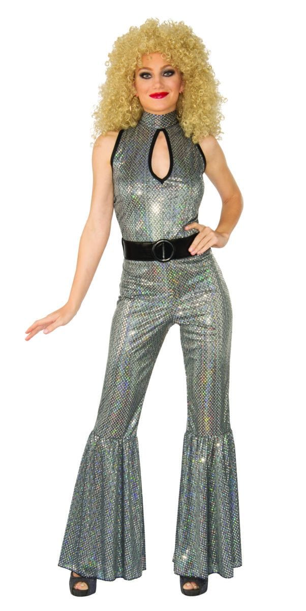 Disco Diva 70s Silver Sequin Jumpsuit Costume Disguises Costumes