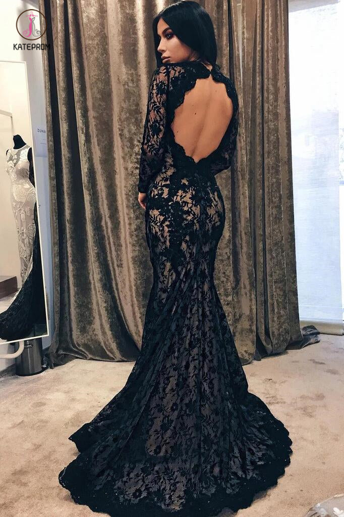 Black Mermaid Jewel Long Sleeve Lace Open Back Evening Dresslong Prom