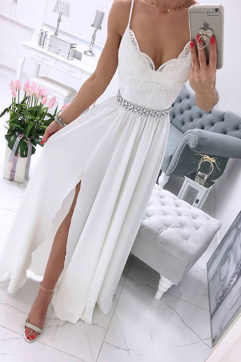 White V Neck Chiffon Lace Long Prom Dress White Formal Dress B493