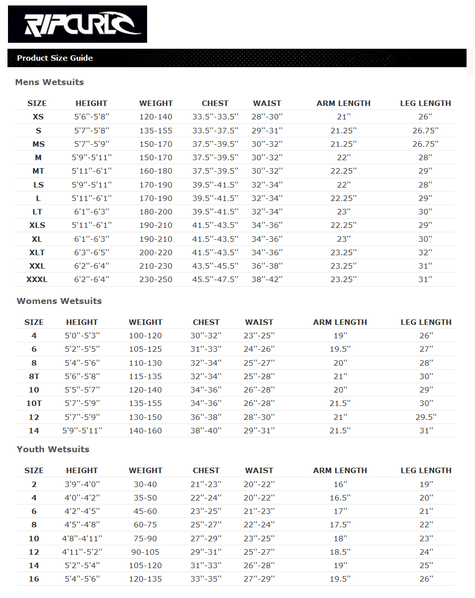 Womens Wetsuit Size Chart A Visual Reference Of Charts Chart Master