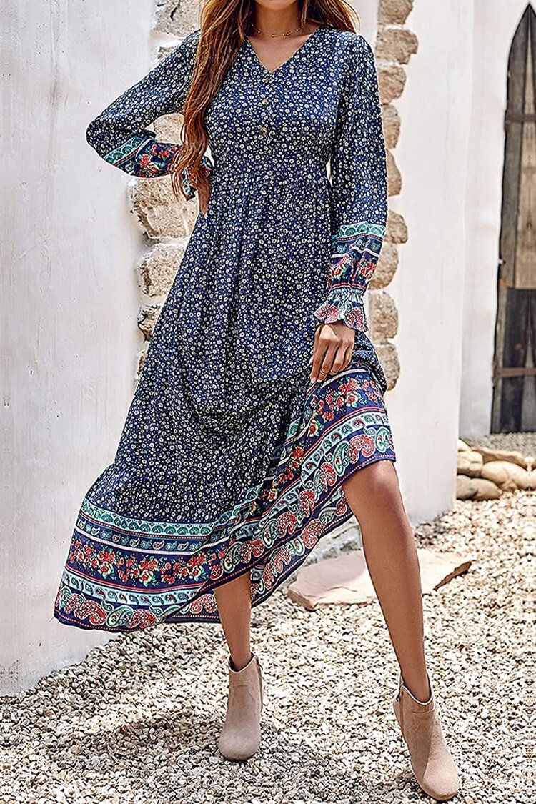 V Neck Boho Floral Print Fall Maxi Dress Freeshipping Prettygarden