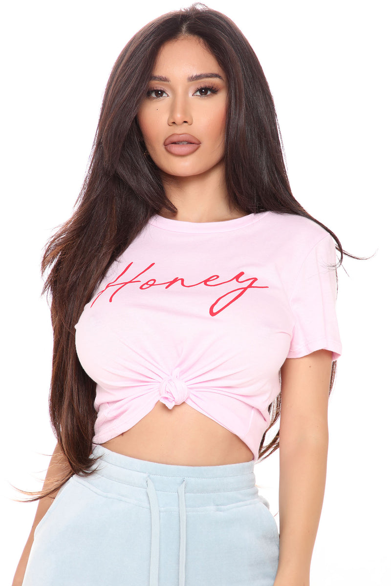 Give Em Honey Knot Crop Top Pink Graphic Tees Fashion Nova