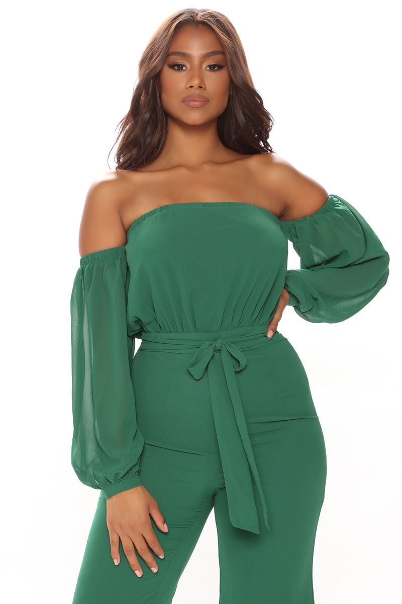 Lorena Off Shoulder Jumpsuit Hunter Green Jumpsuits Fashion Nova