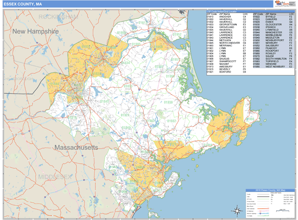 Essex County Massachusetts Zip Code Wall Map