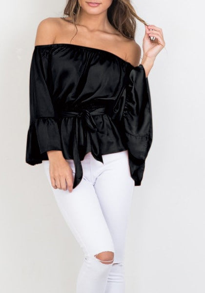 Black Off Shoulder Flared Sleeves Belted Blouse Lookbook Store