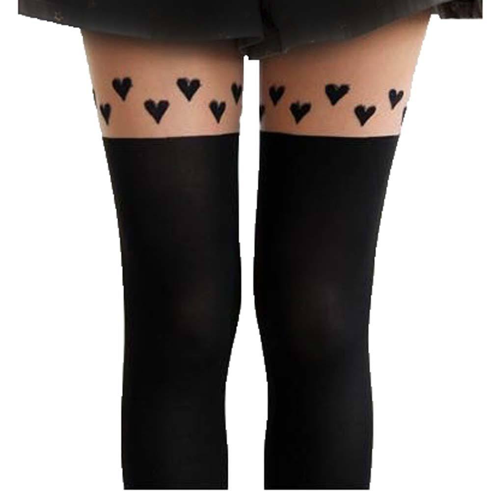 Row Of Hearts Faux Thigh High Garter Sheer Stocking Tights For Women