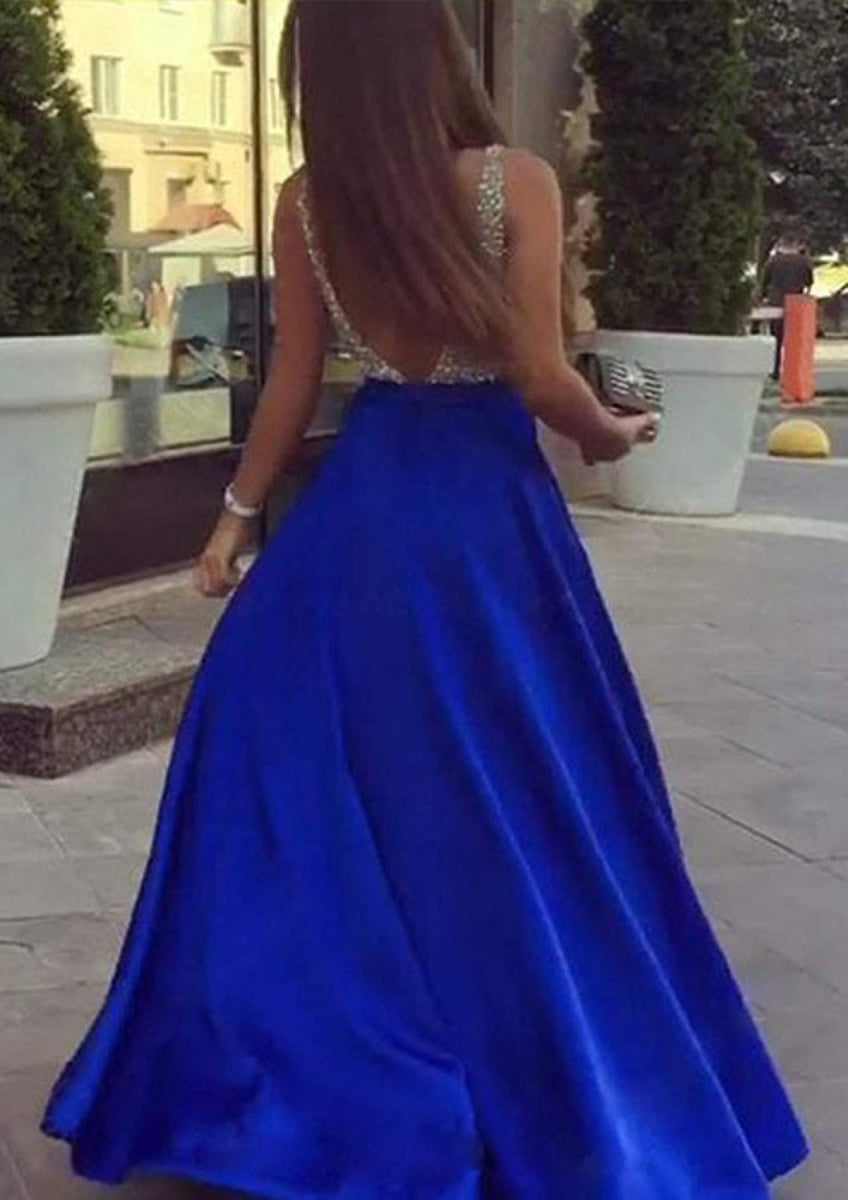 Formal Princess Plunging Sleeveless Long Royal Blue Satin Evening Prom