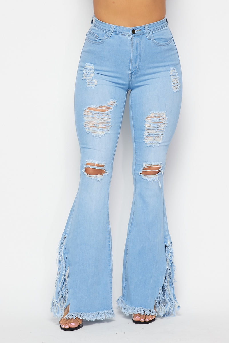 High Waisted Super Distressed Bell Bottom Jeans Light Denim