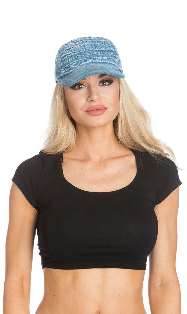 Ripped Denim Baseball Cap In Blue