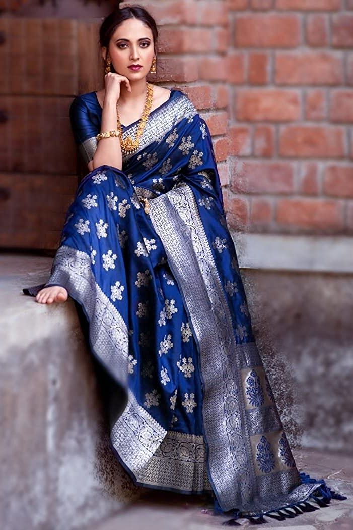 Coral Blue Banarasi Silk Silver Zari Saree