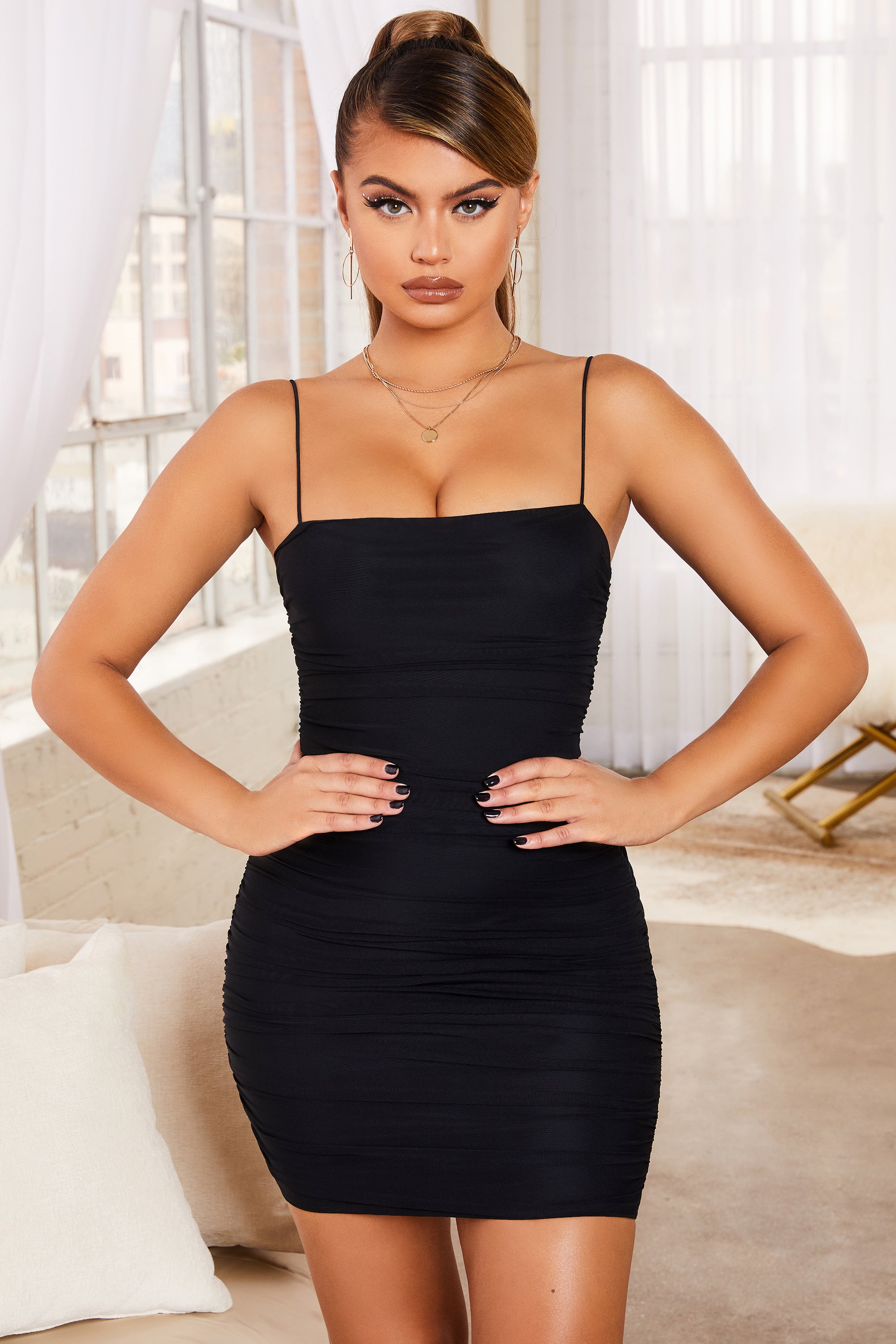 Ruched Mesh Bodycon Mini Dress In Black Wishupon