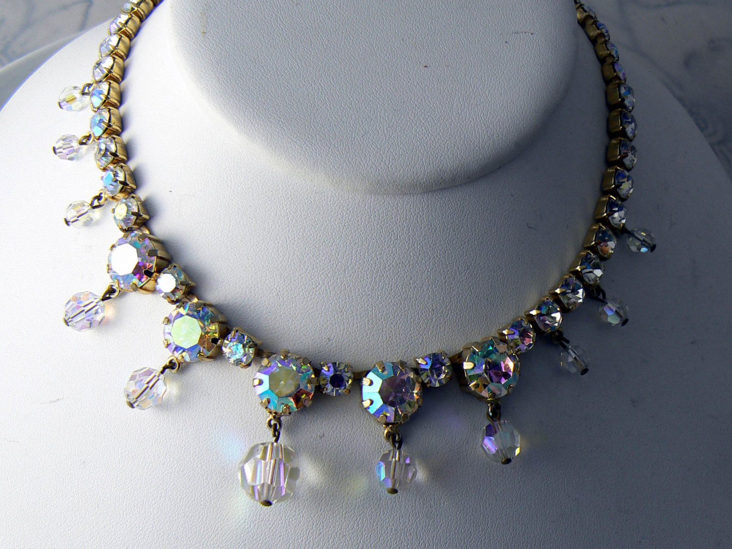 Vintage Crystal Aurora Borealis Rhinestone Crystal Glass Bead Necklace