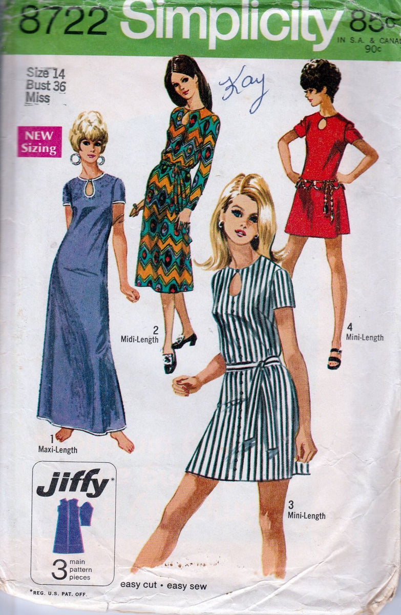 Simplicity 8722 Ladies Maxi Midi Mini Dress Vintage 1970s Sewing Patt