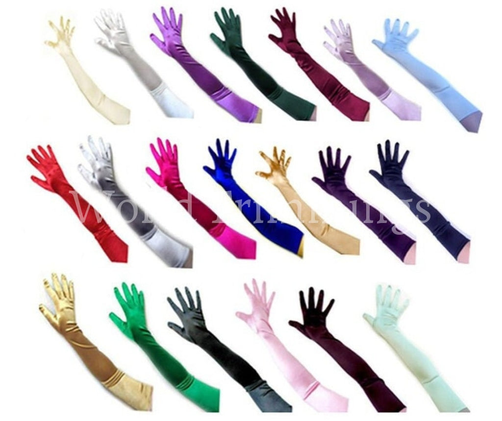 22 Classic Adult Size Opera Length Stretch Satin Gloves 16bl World