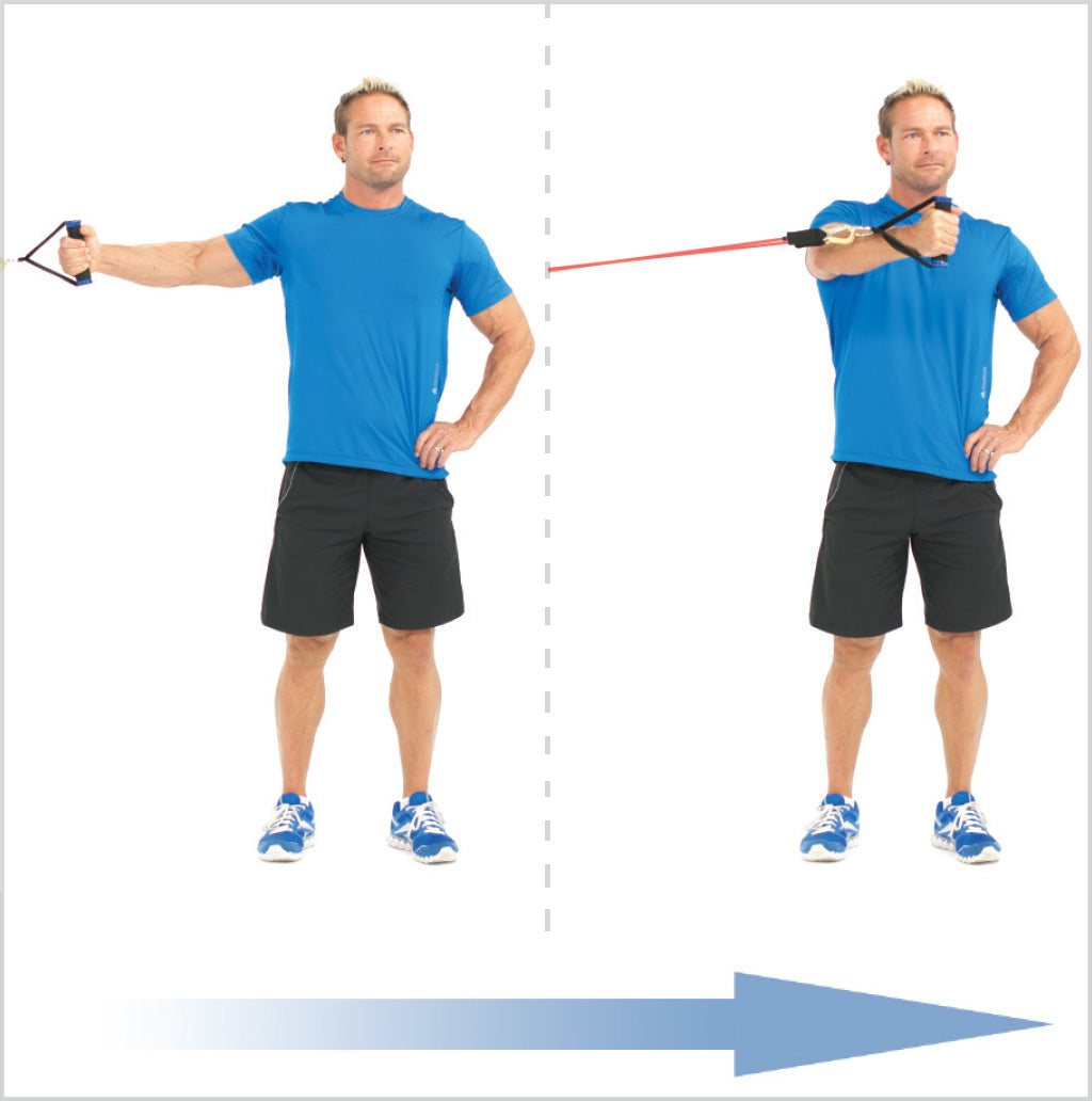 Standing One Arm Chest Fly With Elastic Resistance Bands Bodylastics