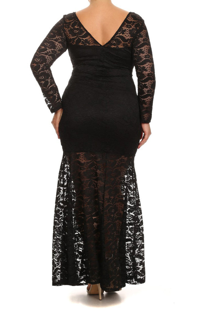 See Through Lace Front Slit Plus Size Maxi Dress Plussizefix