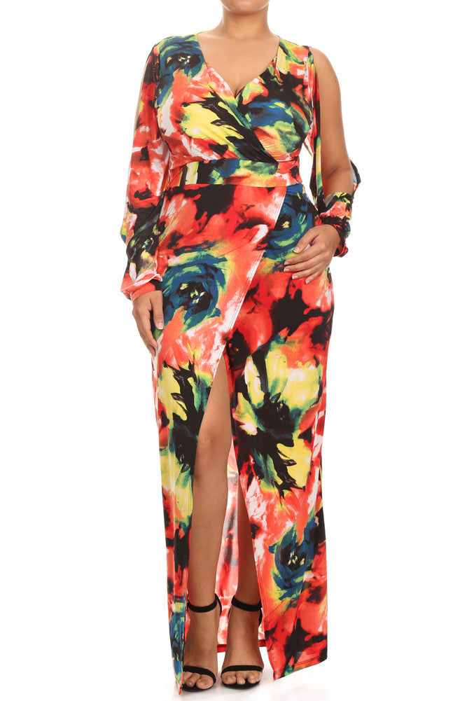 Plus Size Vibrant Floral Cut Out Sleeves Maxi Dress Plussizefix