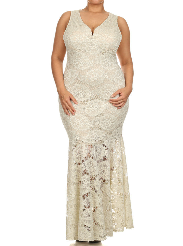 Plus Size Designer Floral Lace Ivory Maxi Dress Plussizefix