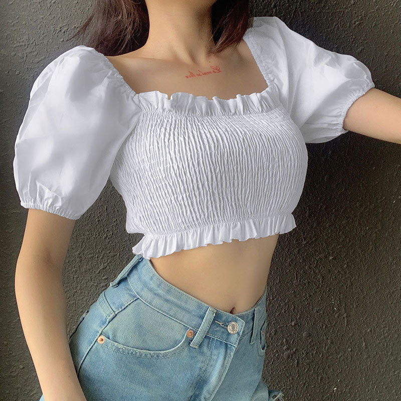 Korean Summer Puffy Ruffle White Crop Top Sd00819 Syndrome Cute