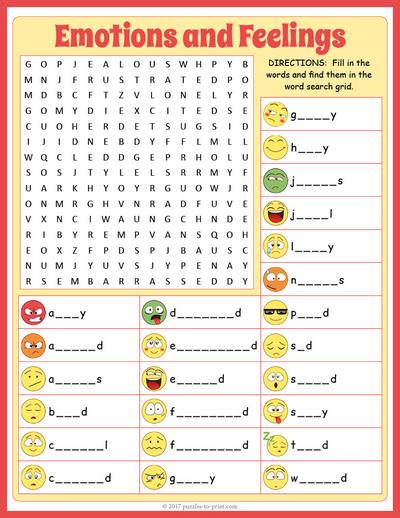 Feelings And Emotions Word Search And Fill In Puzzle Puzzles To Print