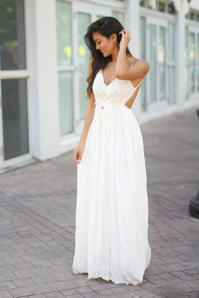 White Lace Maxi Dress With Open Back And Frayed Hem Maxi Dresses