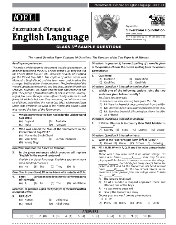 Class 3 Ioel English Olympiad Sample Question Paper Olympiad Tester