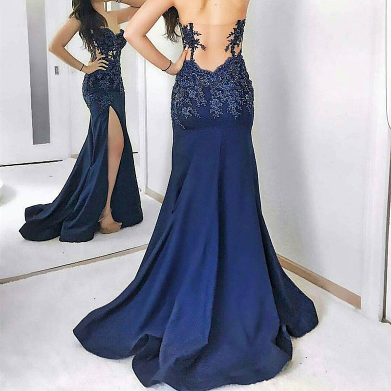 Long Satin Navy Blue Mermaid Prom Dresses 2018 Lace Appliques Gowns