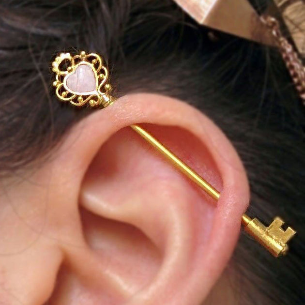 Opal Key Industrial Barbell Piercing In 14g Gold At Mybodiart