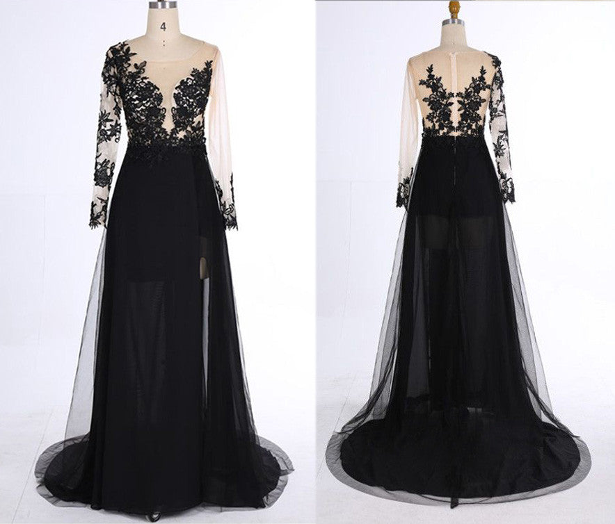 New Style Black Long Sleeves Prom Dresses Lace Deep V Neck Thigh High