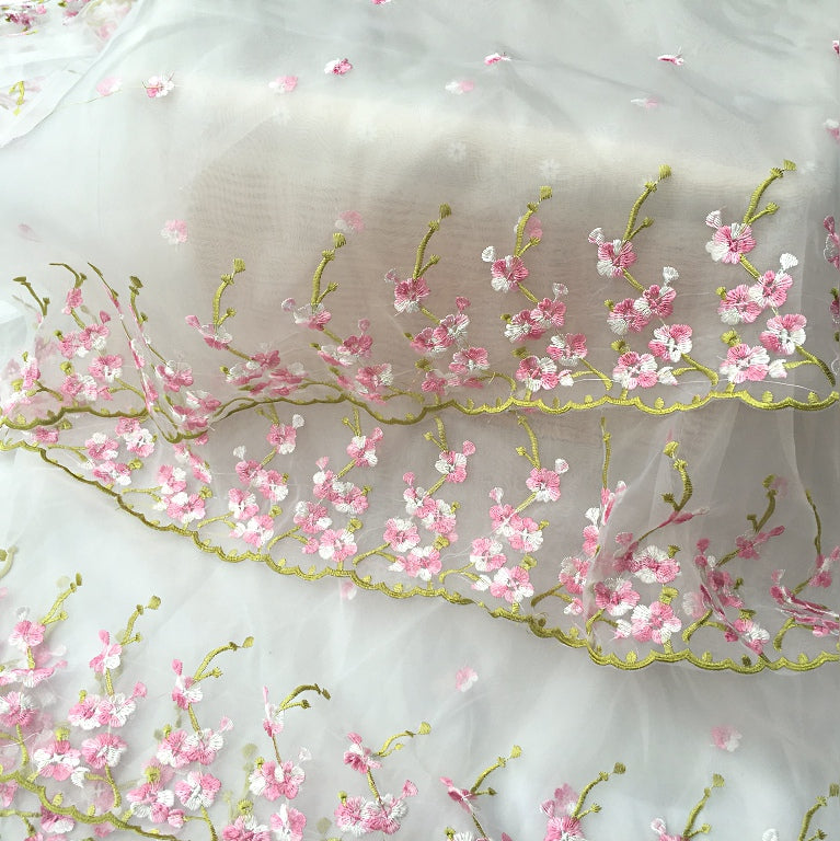 51 Width White Organza Pink Floral Embroidery Lace Fabric By The Yard