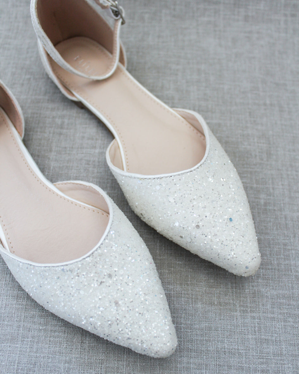 White Rock Glitter Ankle Strap Flats With Organza Bow Women Shoes