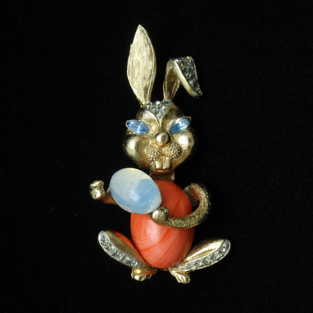 Bunny Rabbit Brooch Pin Rhinestones Moonstone Cab Vintage Coro World