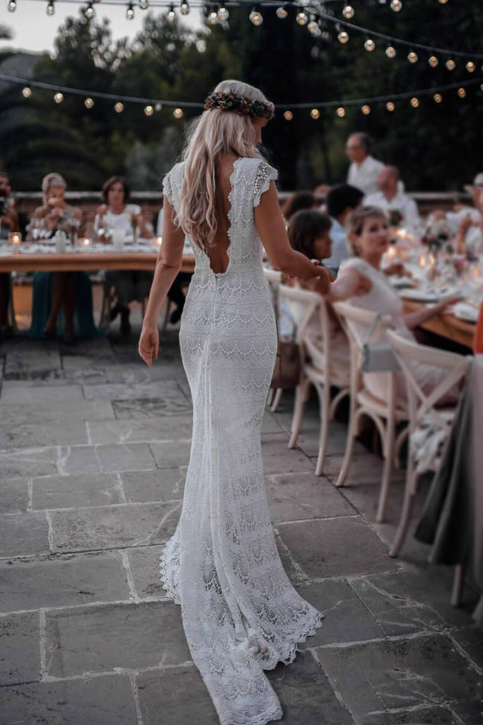 Boho Mermaid Lace Beach Wedding Dresses Cap Sleeve Bohemian Bridal Gown