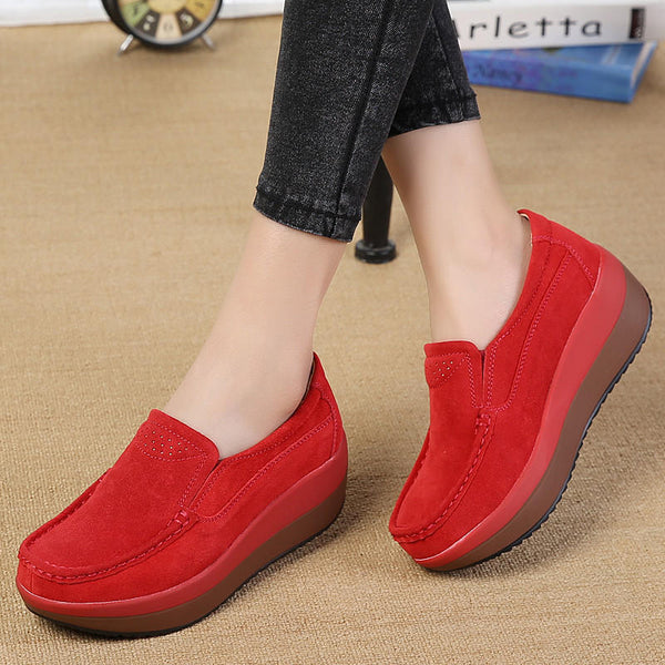 Womens Spring Platform Suede Leather Loafers Hollow Casual Shoes