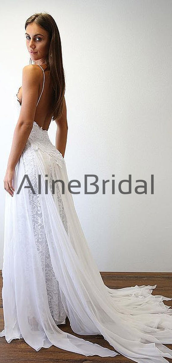 Spaghetti Strap Lace Chiffon Slits Boho Beach Wedding Dresses Ab1544