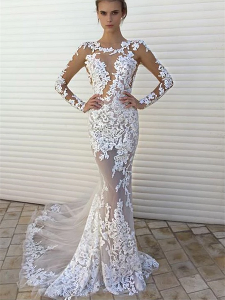 Sexy White Lace Mermaid See Through Long Sleeves Wedding Dress Prom Dr