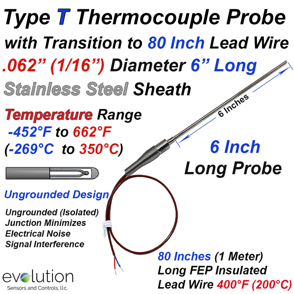 Type T Thermocouple Probe 116 Diameter With 80 Inches Of Lead Wire