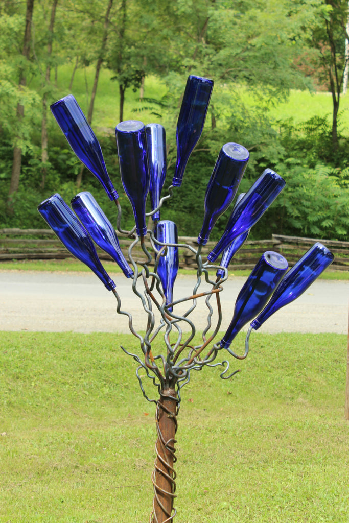 Blue Wine Bottle Tree Outdoor Metal Sculpture Blacksmith Metal Art