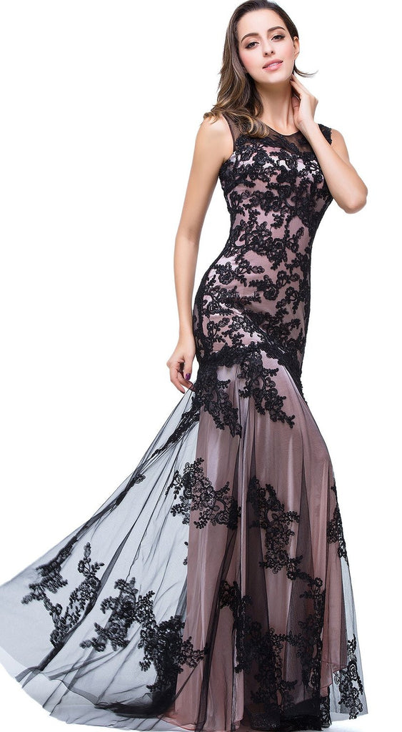 Black Lace Applique Evening Dress Sassymyprom