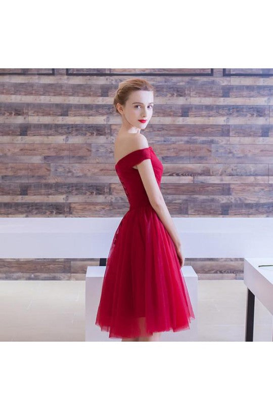 Red Off The Shoulder Tulle Short Prom Dres Short Red Homecoming Dress