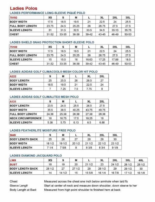 Womens Polo Shirt Size Chart