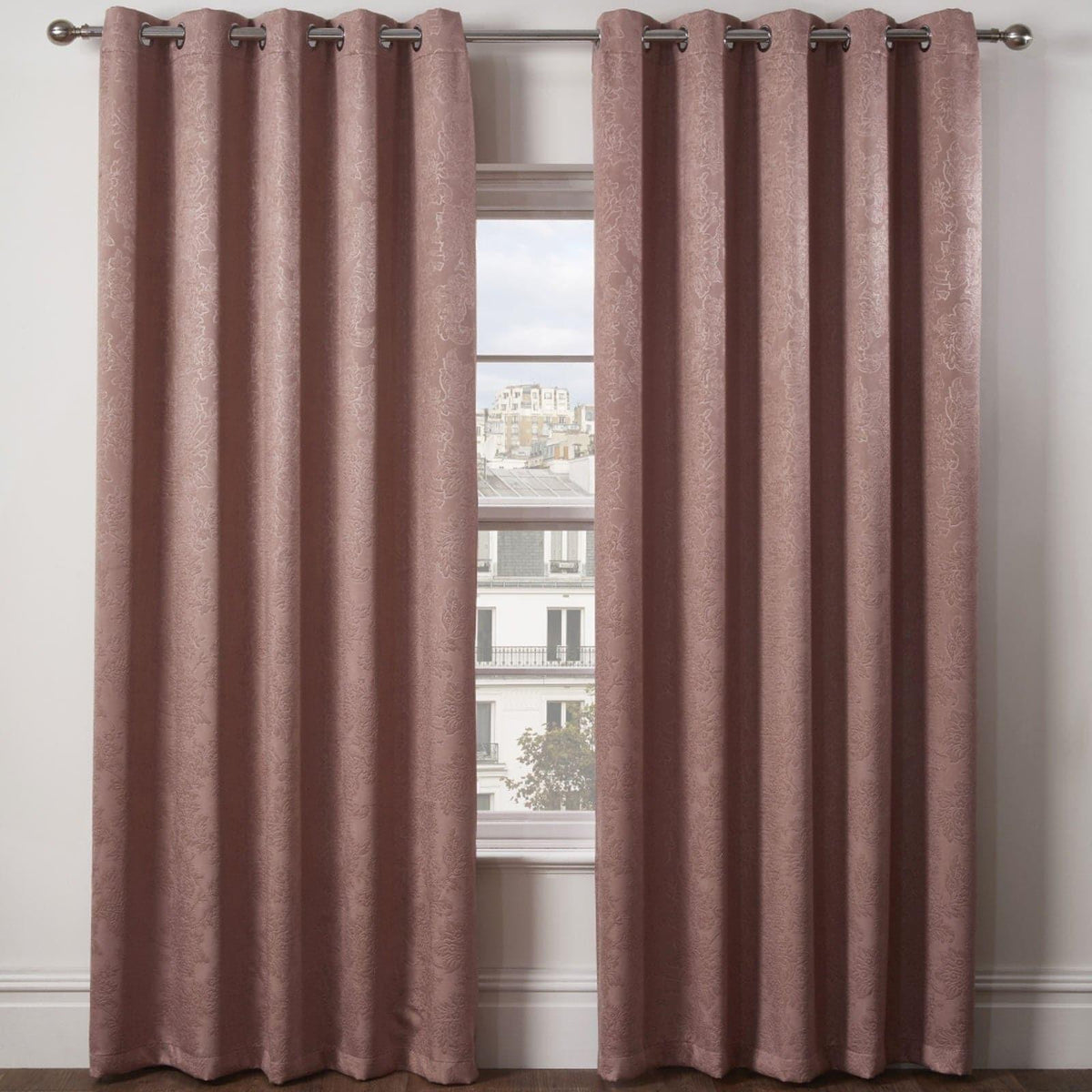 Regency Damask Thermal Blackout Eyelet Curtains Blush Pink Ideal Textiles